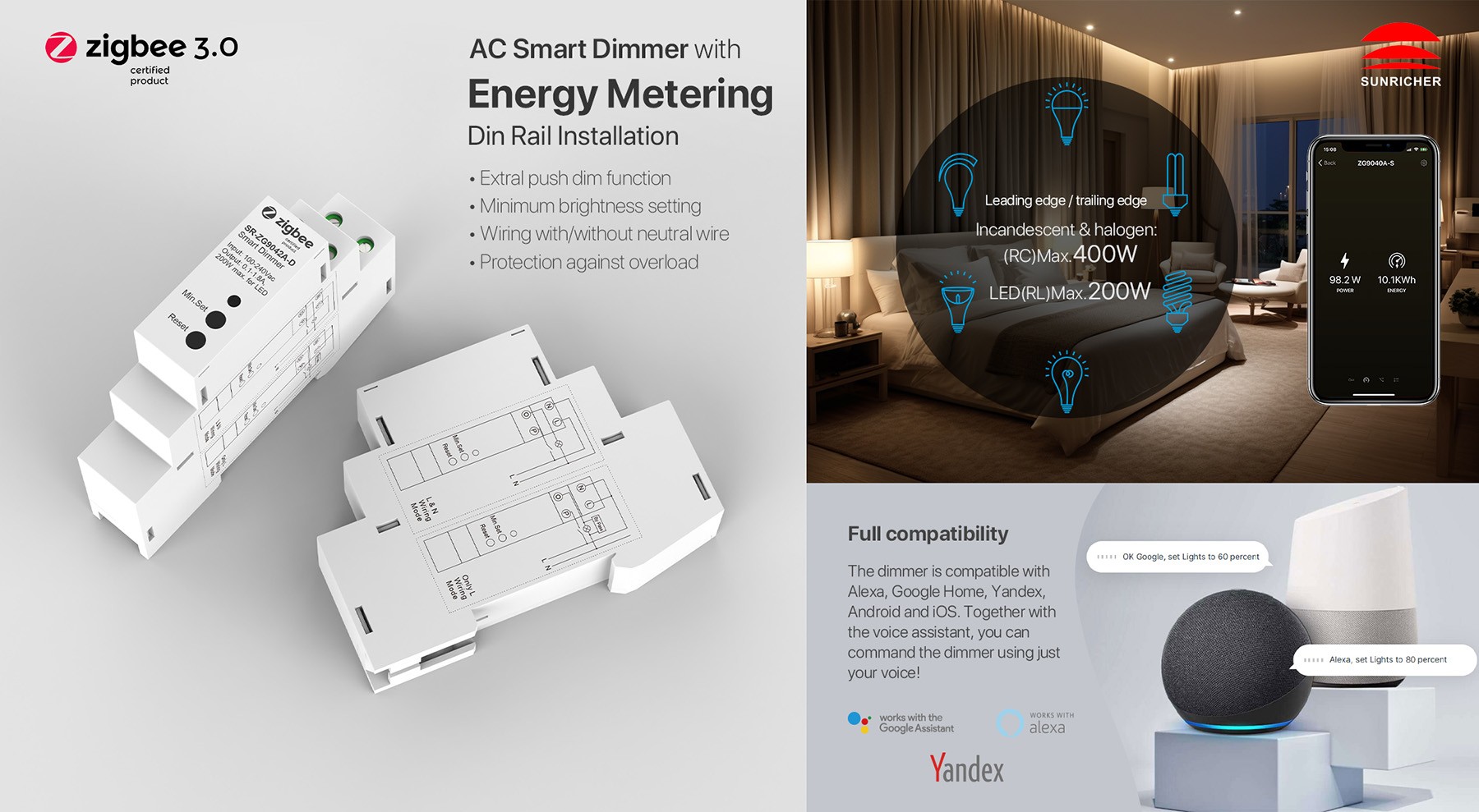 ZigBee Mini Din-Rail AC Triac Phase-Cut Dimmer Single Live Wire with ...