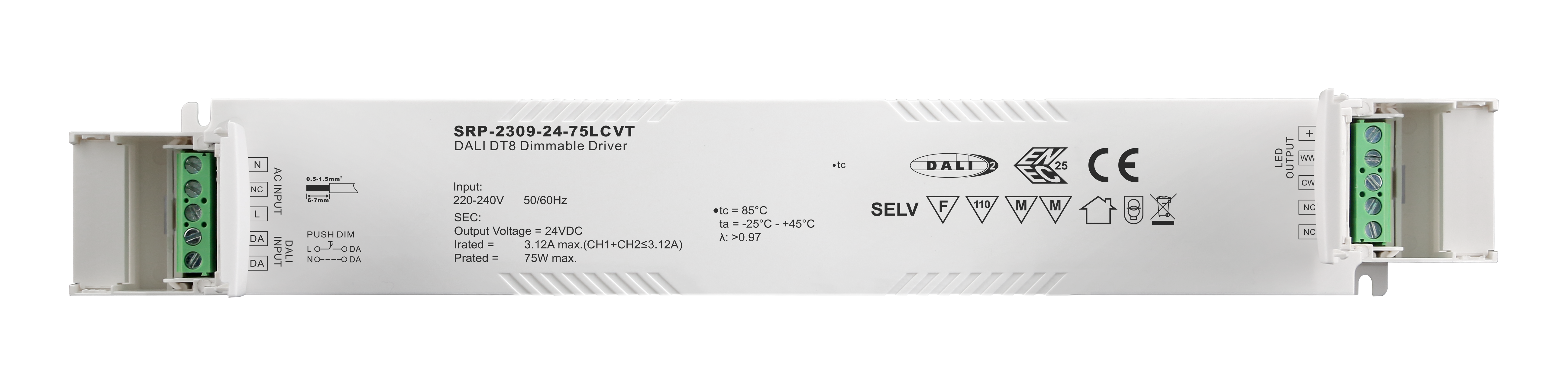 DALI-2 Certified 75W Dimmable LED Driver SRP-2309-24-75LCVT