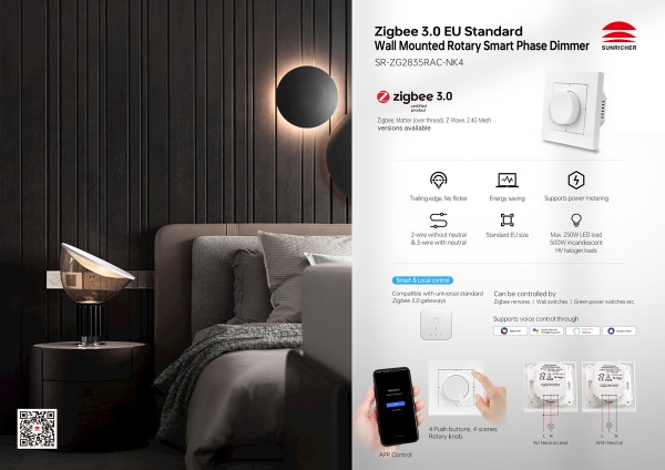 Zigbee Wall Mounted Rotary Smart Phase Dimmer SR-ZG2835RAC-NK4