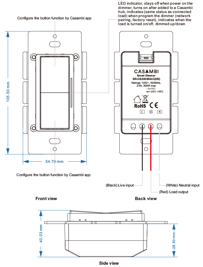 Casambi Phase Cut Smart Dimmer SR-CS2835KAC-K2(US)
